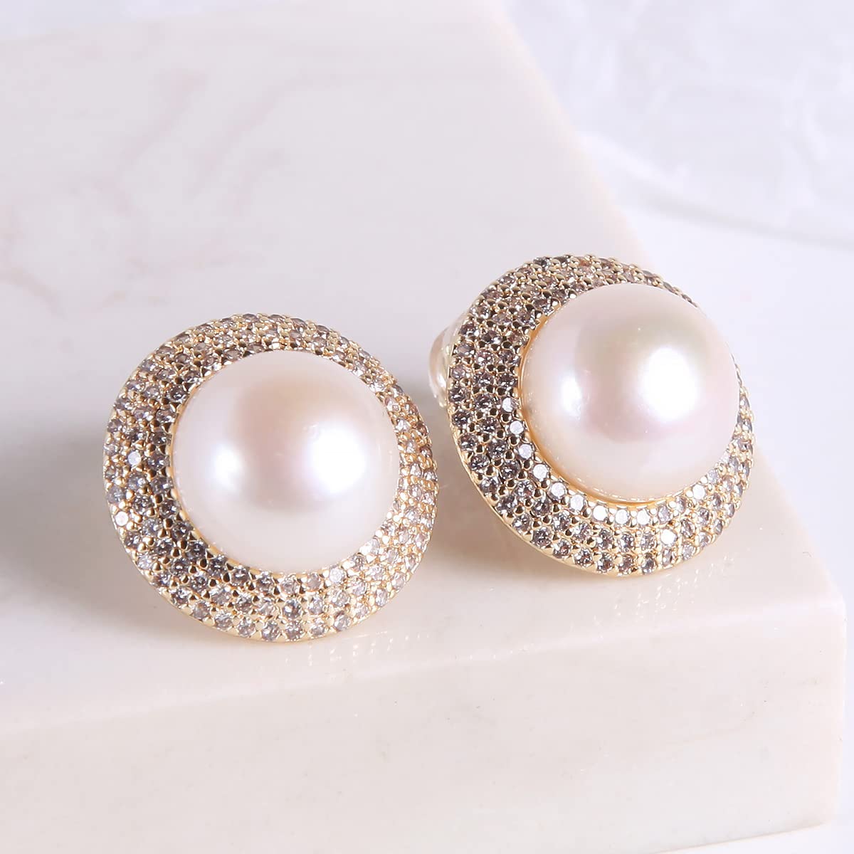 Guptue S925 Silver needles Pearl button stud earrings cultured freshwater pearl Cubic zirconia stud Earrings Birthday Gifts Women's Stud Earrings,Round 10-11mm pearl earrings (White)