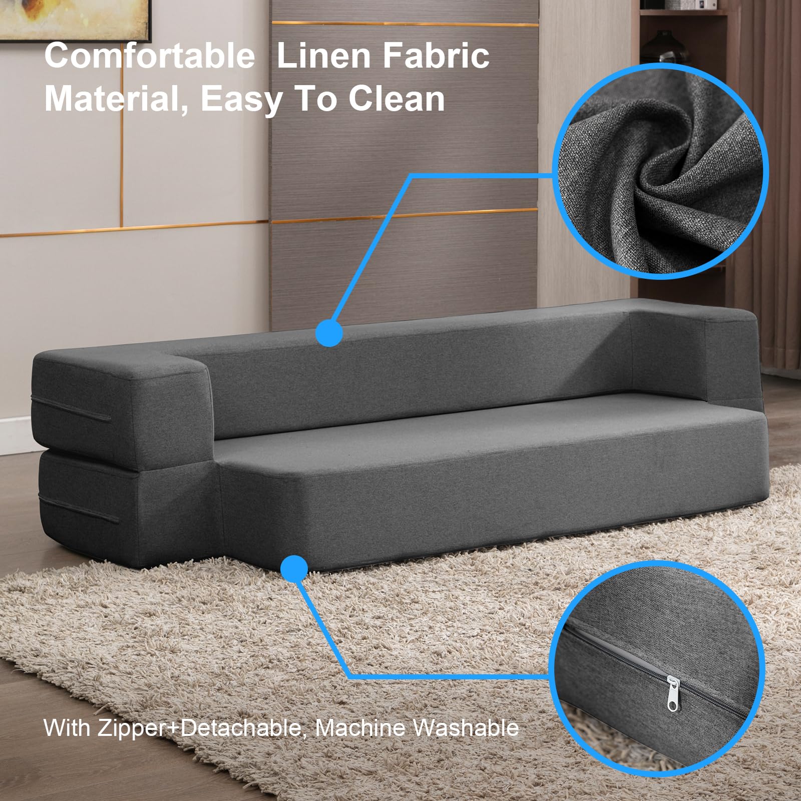 PUREMIND 2-in-1 Queen Convertible Couch Bed, Folding Floor Sofa Bed, Fold Out Floor Sleeper Sofa Couch for Living Room/Guest Room/Home Office Dark Grey