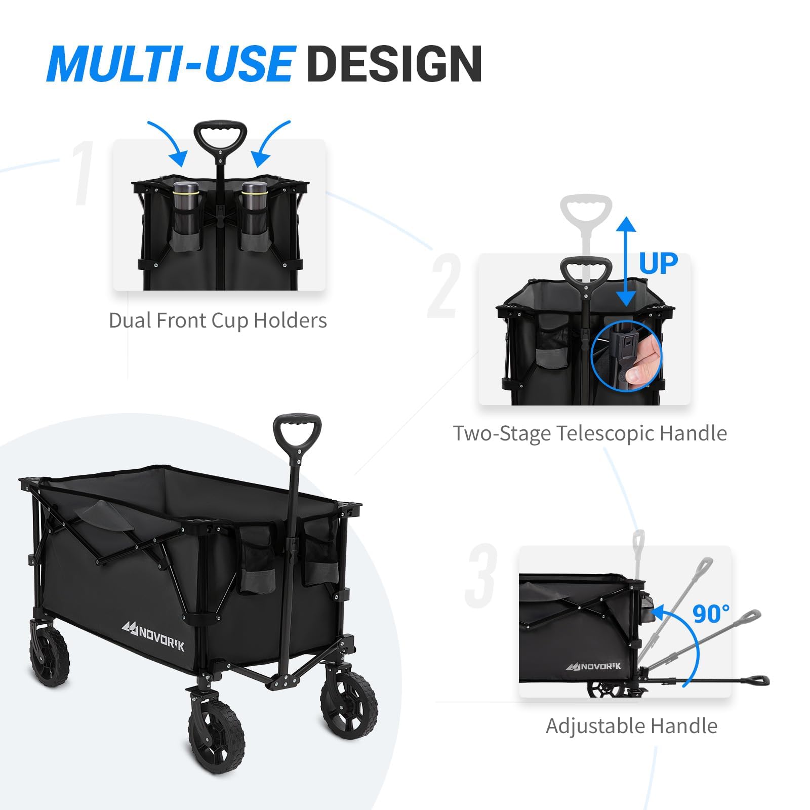 NOVORIK Collapsible Foldable Wagon Black, Folding Outdoor Utility Wagon 330lbs Weight Capacity, with All Terrain Wheels, Cup Holders, Adjustable Handle, Heavy Duty Cart for Camping, Shopping