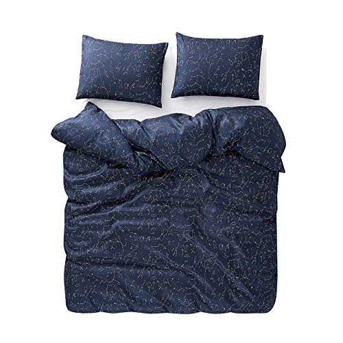 Wake In Cloud - Constellation Duvet Cover Set, Navy Blue with White Astronomy Galaxy Space Stars, Soft Microfiber Bedding (3pcs, Queen Size)