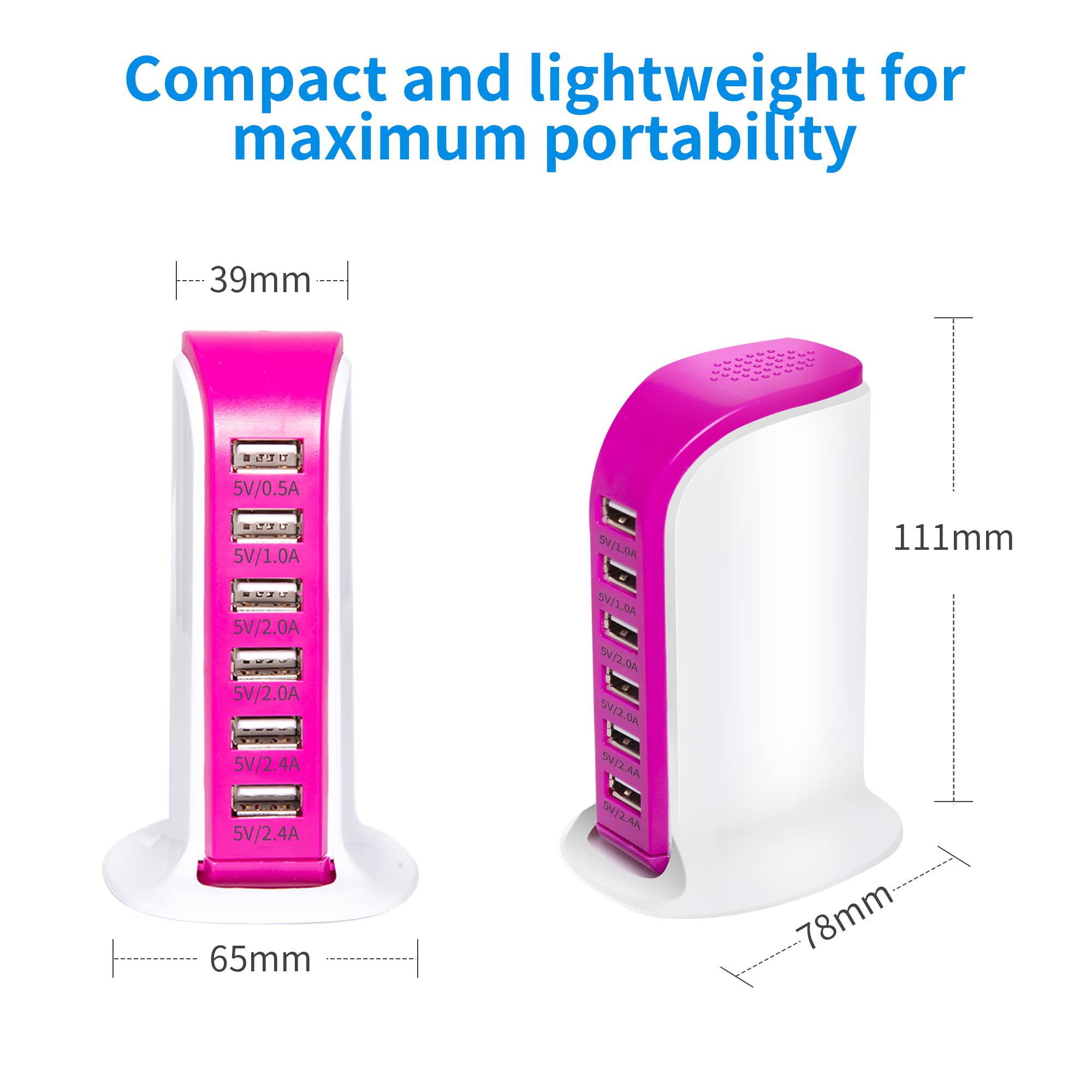 Wyssay 10A(50W) Universal USB Charger,6-Port Independent Desktop USB Charging Station,Multi Charger Block with 4 Ft Extension Cord, USB Fast Charger for Phone Ipad and More(Pink)