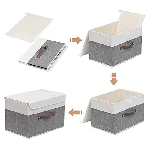 OUTBROS Foldable Storage Boxes with Lids,Large Linen Fabric Foldable Storage Boxes Organizer,Closet Organizers for Clothes Storage, Office Storage 15 x 9.8 x 9.8 inch,White/Grey,4-Pack