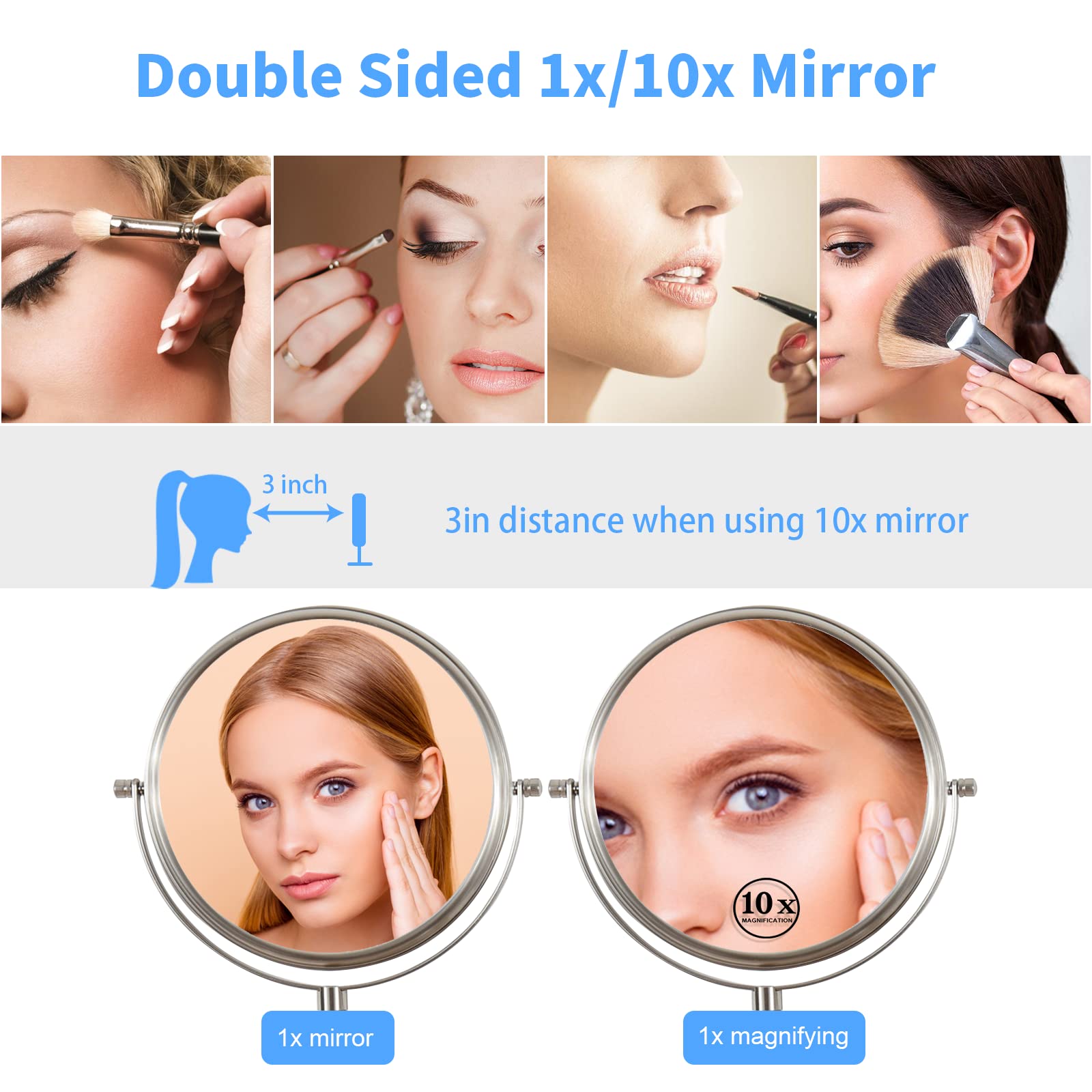 Keilefo Wall Mounted Makeup Mirror 10 Times Magnifying Mirror can Move up and Down 8 inch,Bathroom Double-Sided Vanity Mirror 360 Degree Rotating Telescopic Folding Without Dead Ends (Nickel)