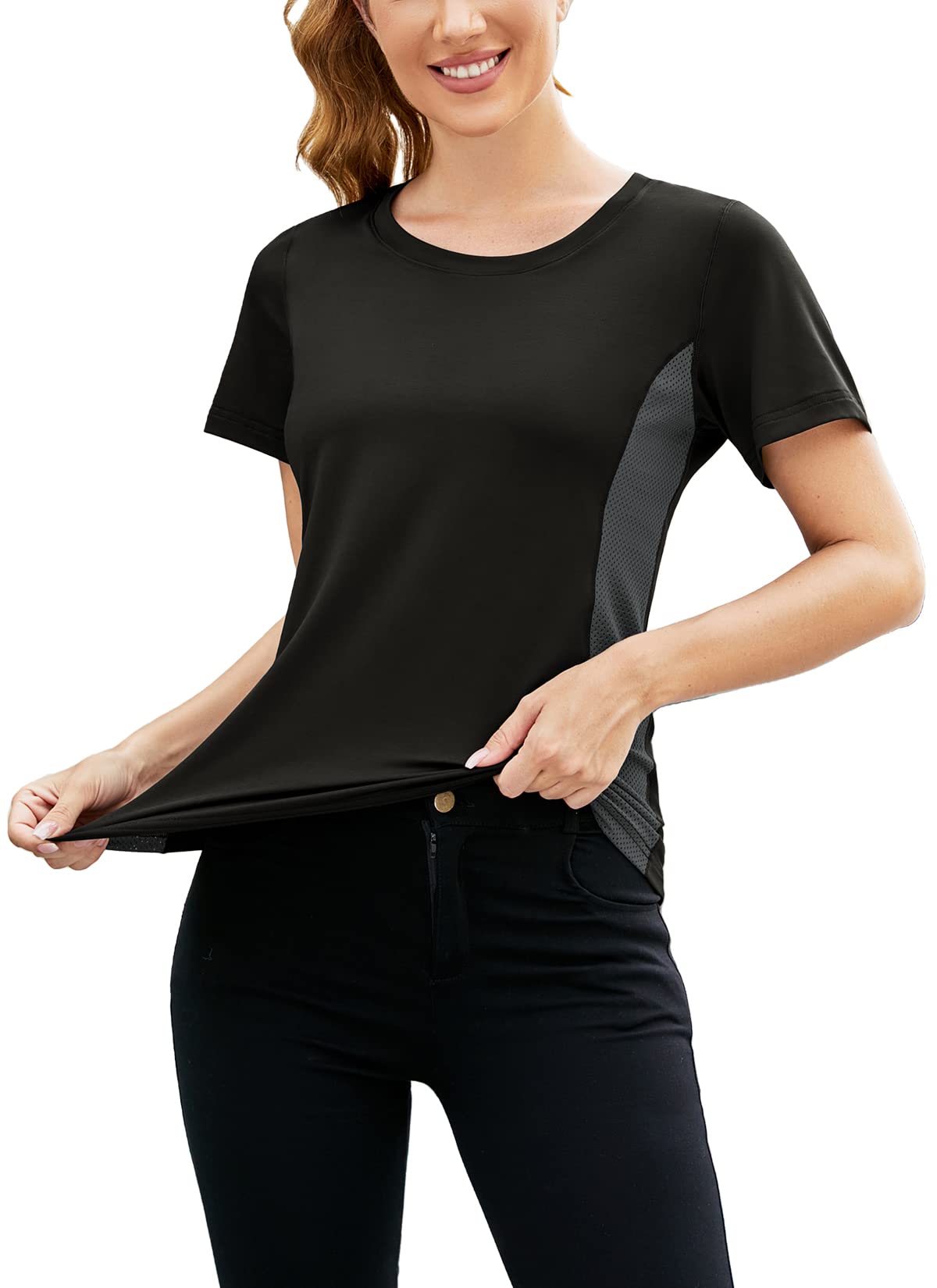 HOCOSIT Women's Workout Quick Dry T-Shirts Mesh Yoga Athletic Running Moisture Wicking Tops Black X-Large