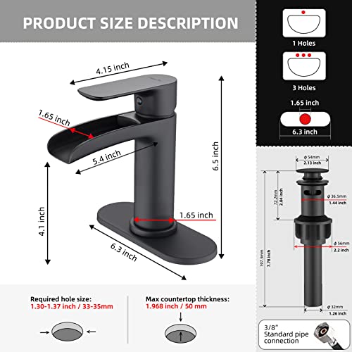NEWATER Waterfall Brass Bathroom Faucet Single-Handle Black Bathroom Sink Faucet Matte Black Single Hole or 3 Holes 4 inch faucet for bathroom sink,RV Vessel Vanity Faucet with Deck Mount,Pop-Up Drain