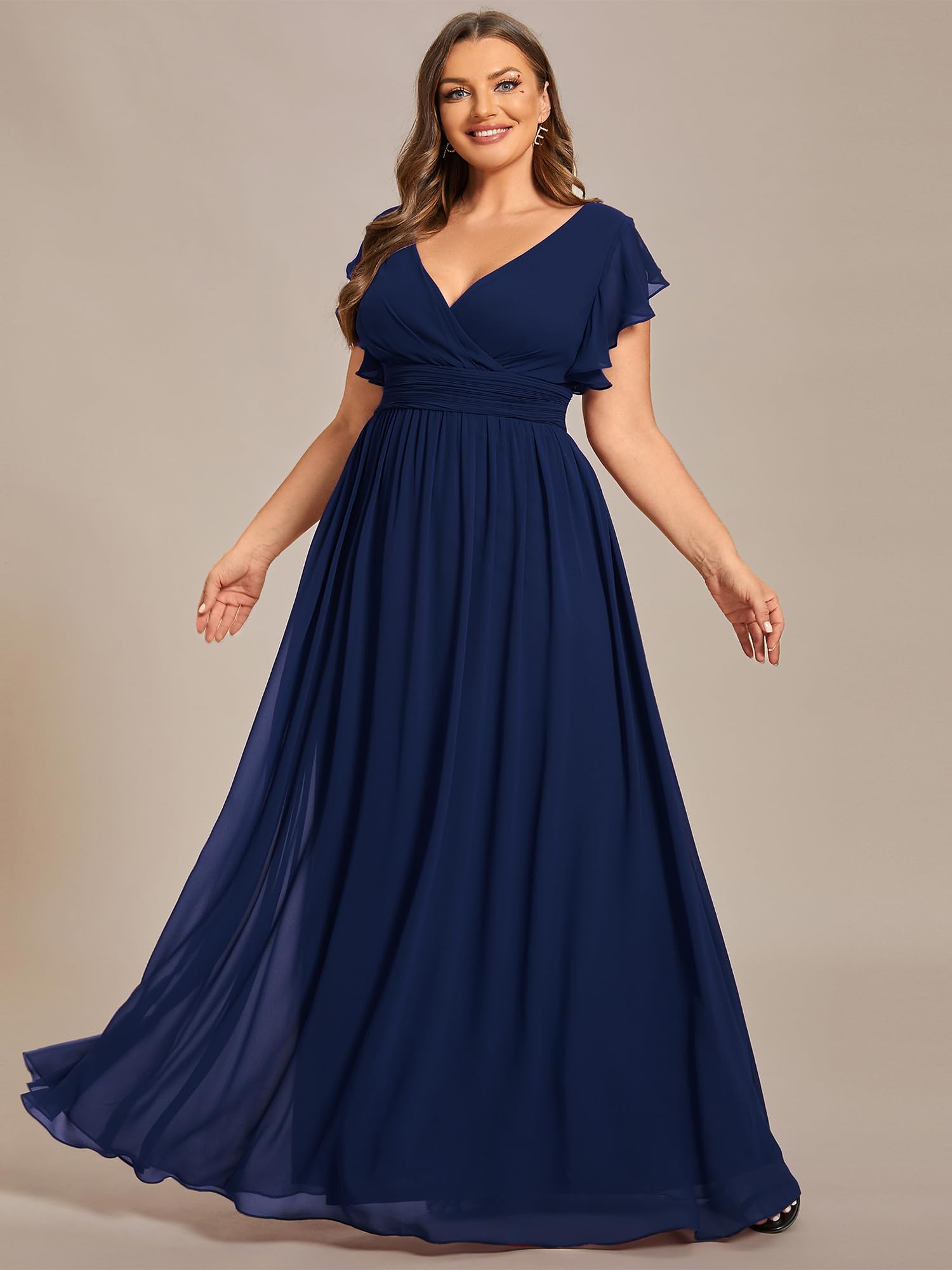 Ever-Pretty Women's Ruched V Neck A-Line Ruffles Sleeves Summer Maxi Plus Size Cocktail Dress Navy Blue US16