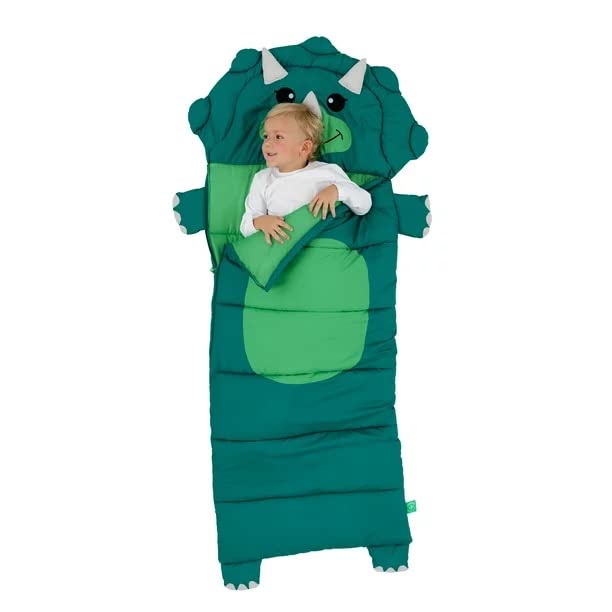 FireFly! Chip The Dinosaur Kid's Sleeping Bag - Green (65 in. x 24 in.) for School or Outdoor Camping/Carry Bag Included/Soft and Breathable