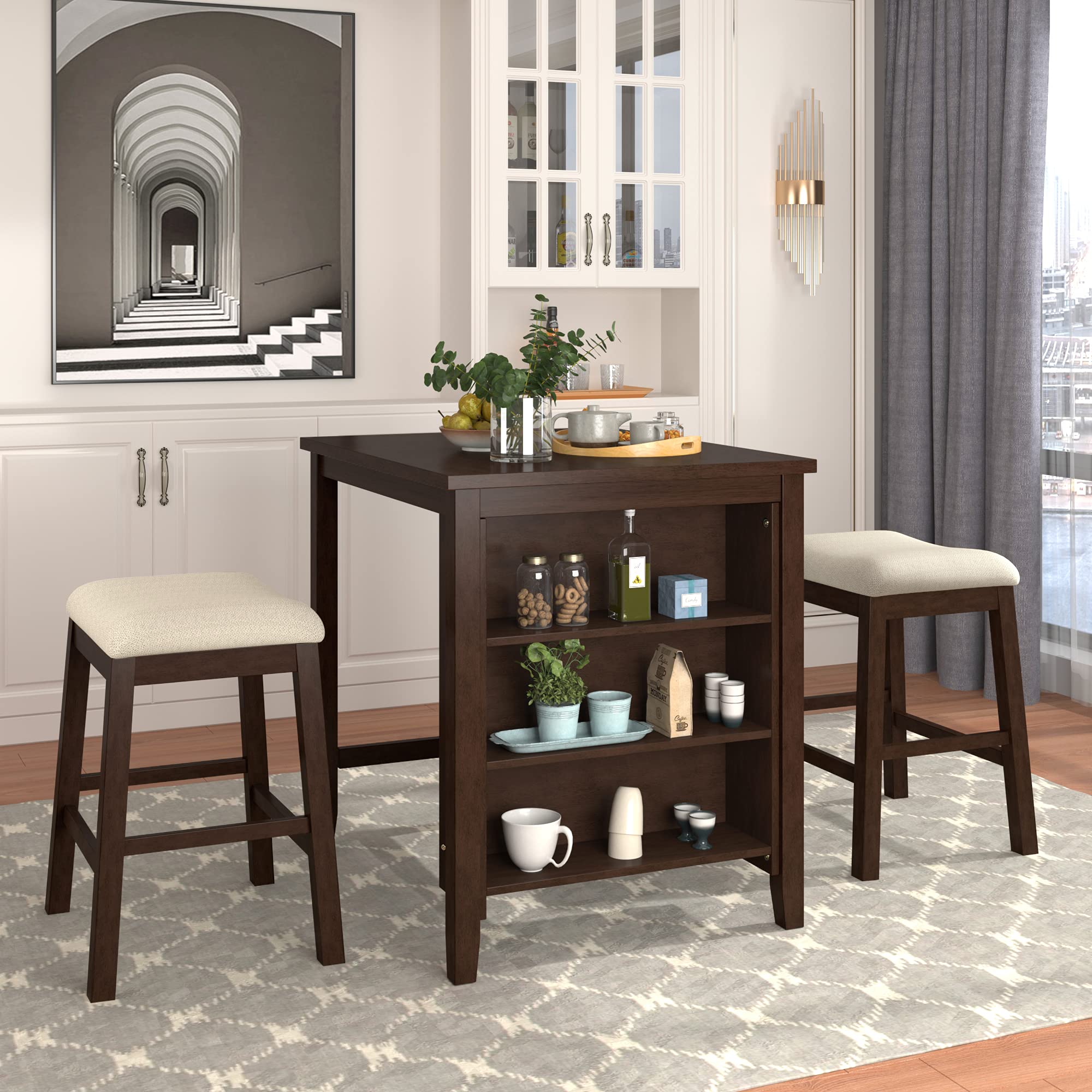Dinehome 3-Piece Counter Height Dining Table Set with Padded Bar Stools & Storage Shelf for Kitchen Living Room, Brown