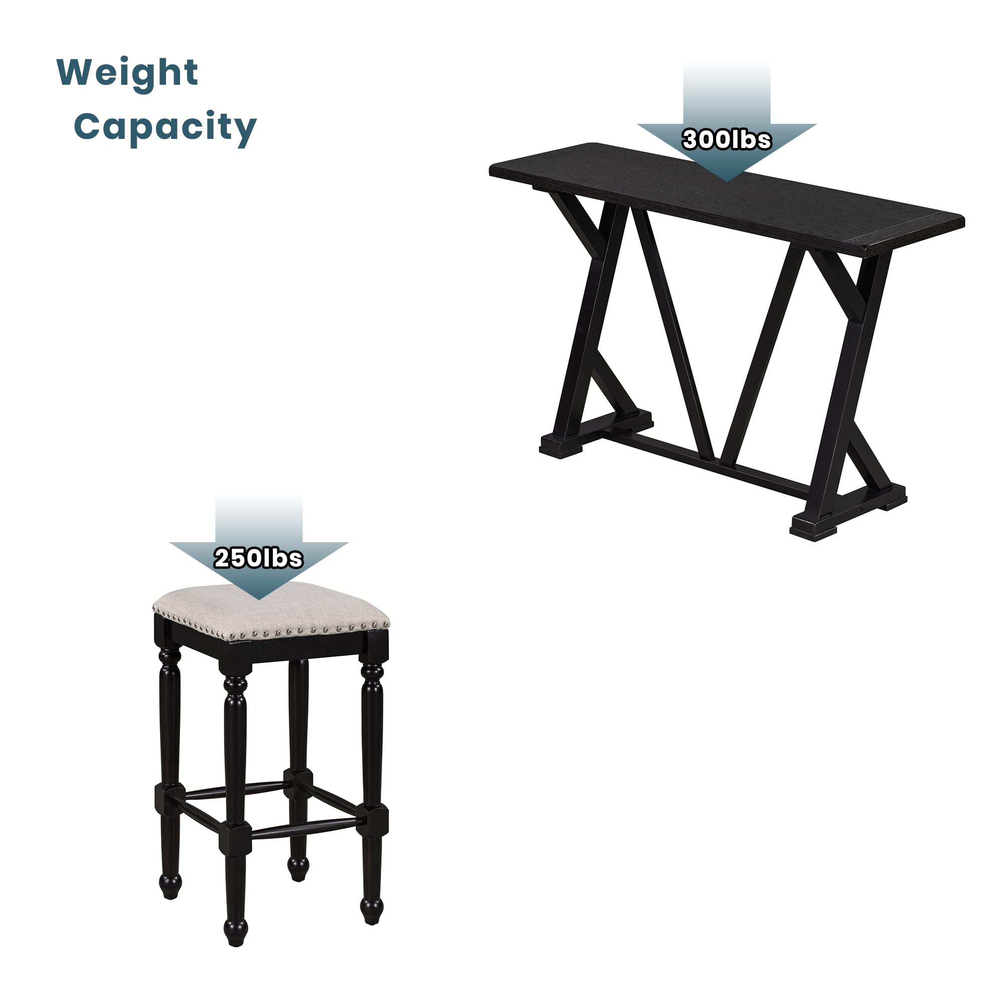 FIQHOME Extra Long Mid-Century 5-Piece Counter Height, Wood Console Bar Table Trestle Legs and 4 Upholstery Stools, Kitchen Dining Room Pub Set for Small Places,Black