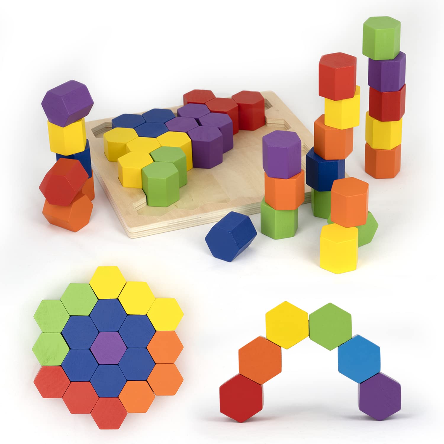 Hexablox 39pcs - Wooden Stacking Blocks - Montessori Wooden Toddler Toys for 1+ Year Old Boys Girls - Multi Use Stacking Toy, Toddler Puzzles , Color Sorting Toys for Toddlers 1-3, Building Blocks