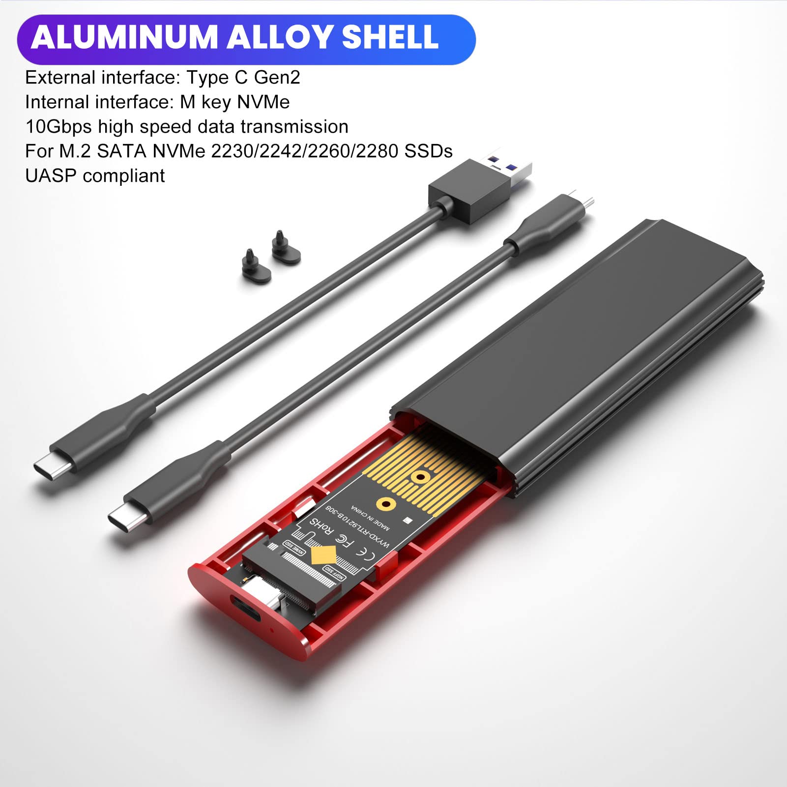 M.2 NVME SSD Enclosure, 2TB M.2 SSD Enclosure Compatible with UASP Ultrathin High Speed Aluminum Alloy Enclosure for 2230 SSD