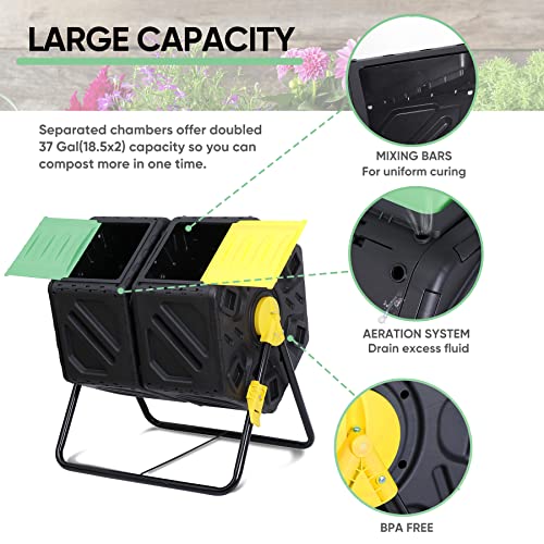 Saicool 37 Gal Dual Chamber Tumbling Composter, Outdoor Rotating Compost Bin w / 2 Sliding Doors, Easy-Turn, Fast-Working System for Garden/Patio¡