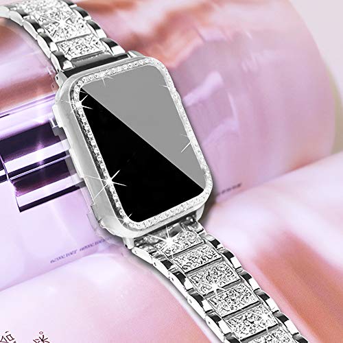 Mosonio Compatible with Apple Watch Band Series 9/8/7 45mm with Case Women, Jewelry Replacement Metal Wristband Strap with 2 Pack Bling PC Protective Cover for iWatch 45mm Series 9/8/7(Silver)