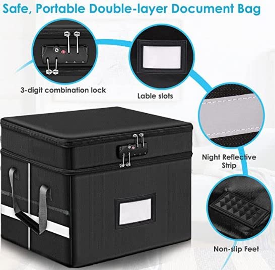 Fireproof Document Bag, Waterproof 3-Layer File Organizer with Lock, Travel Safe Money Bag with Shoulder Strap Portable Filing Storage Box for Important Valuables Certificates,Documents,Black