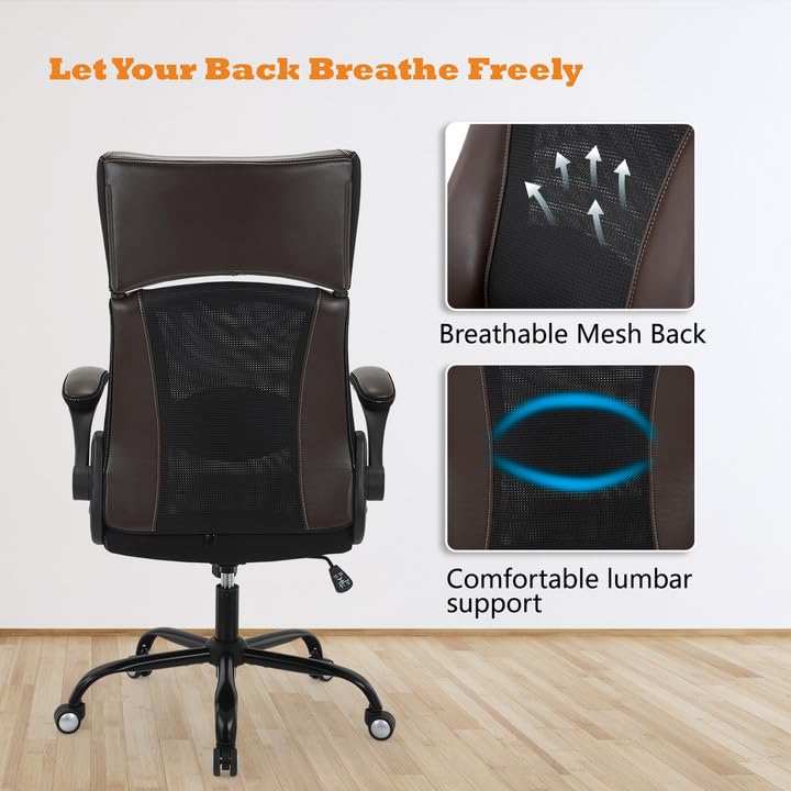 Executive Office Chair, Home Office Ergonomic Leather Desk Chair - Widened Adjustable Headrest with Flip-Up Arms, High Back Computer Swivel Task Chair with Lumbar Support (Brown)