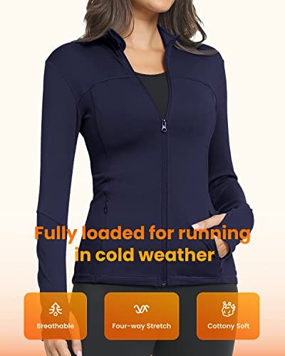 GYM RAINBOW Womens Fleece Zip Up Athletic Jacket Slim Fit Lightweight Running Workout Track Jacket(1-Fleece Lined Deep Blue,Small)