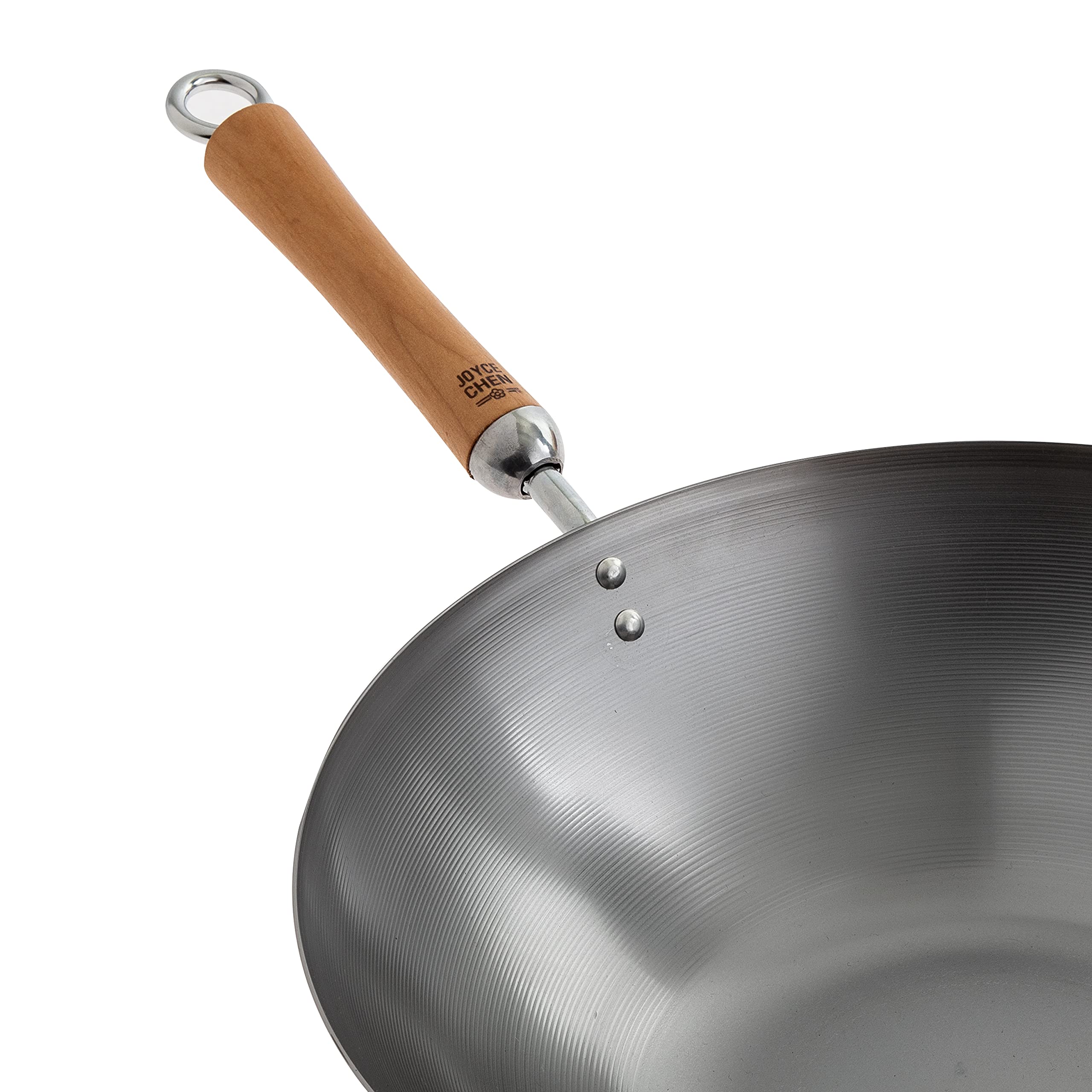 JOYCE CHEN Classic Series 14-Inch Uncoated Carbon Steel Wok Set with Lid and Birch Handles, 4 Pieces