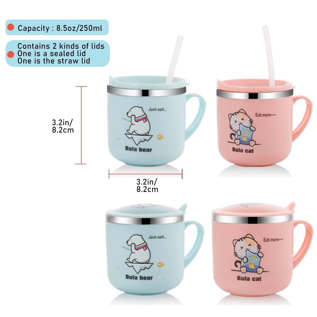 SIMPHONY Stainless Steel Toddler Cups for Kids (EASY to Clean),Baby Mug for Milk,BPA Free Lids & Reusable Silicone Straws, 9.5oz (Blue)