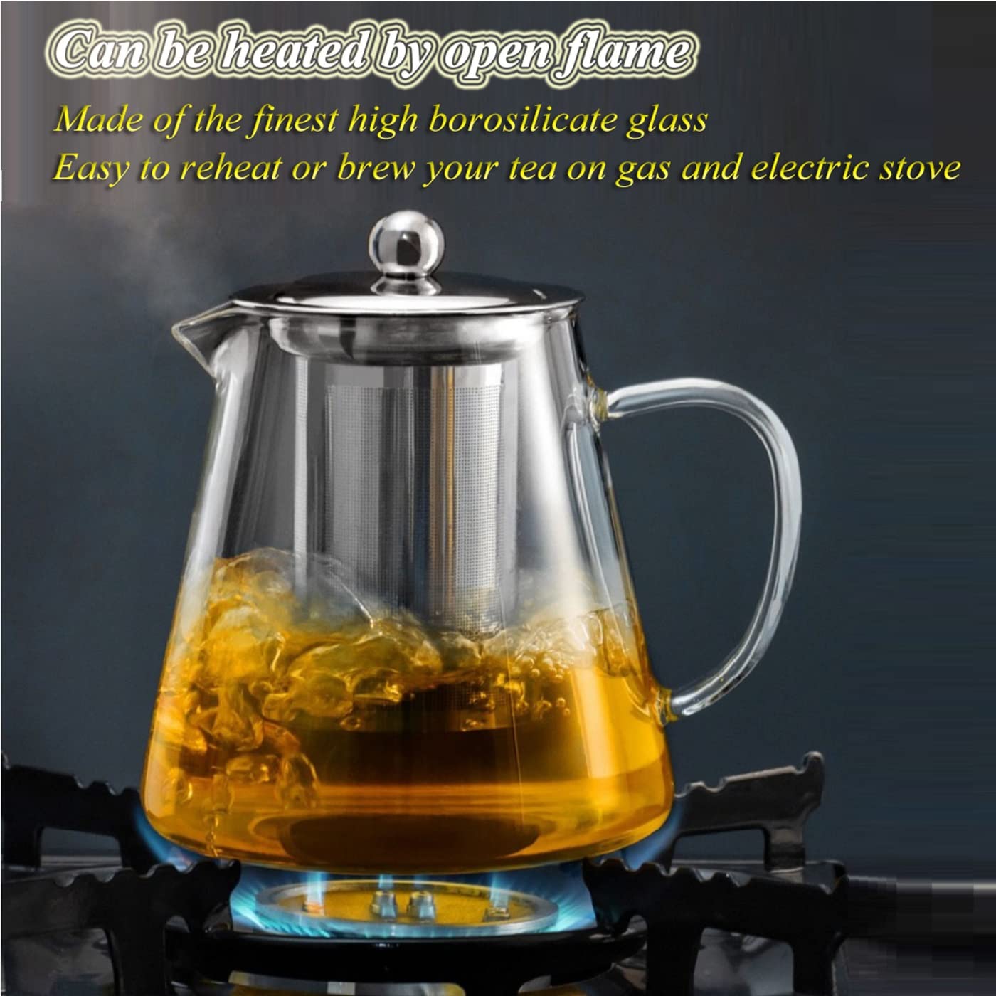 Glass Teapot with Removable Stainless Steel Infuser, Borosilicate Glass Tea Pot with Strainer,for Blooming Tea & Loose Leaf Tea, Microwave & Stovetop Safe (33OZ)