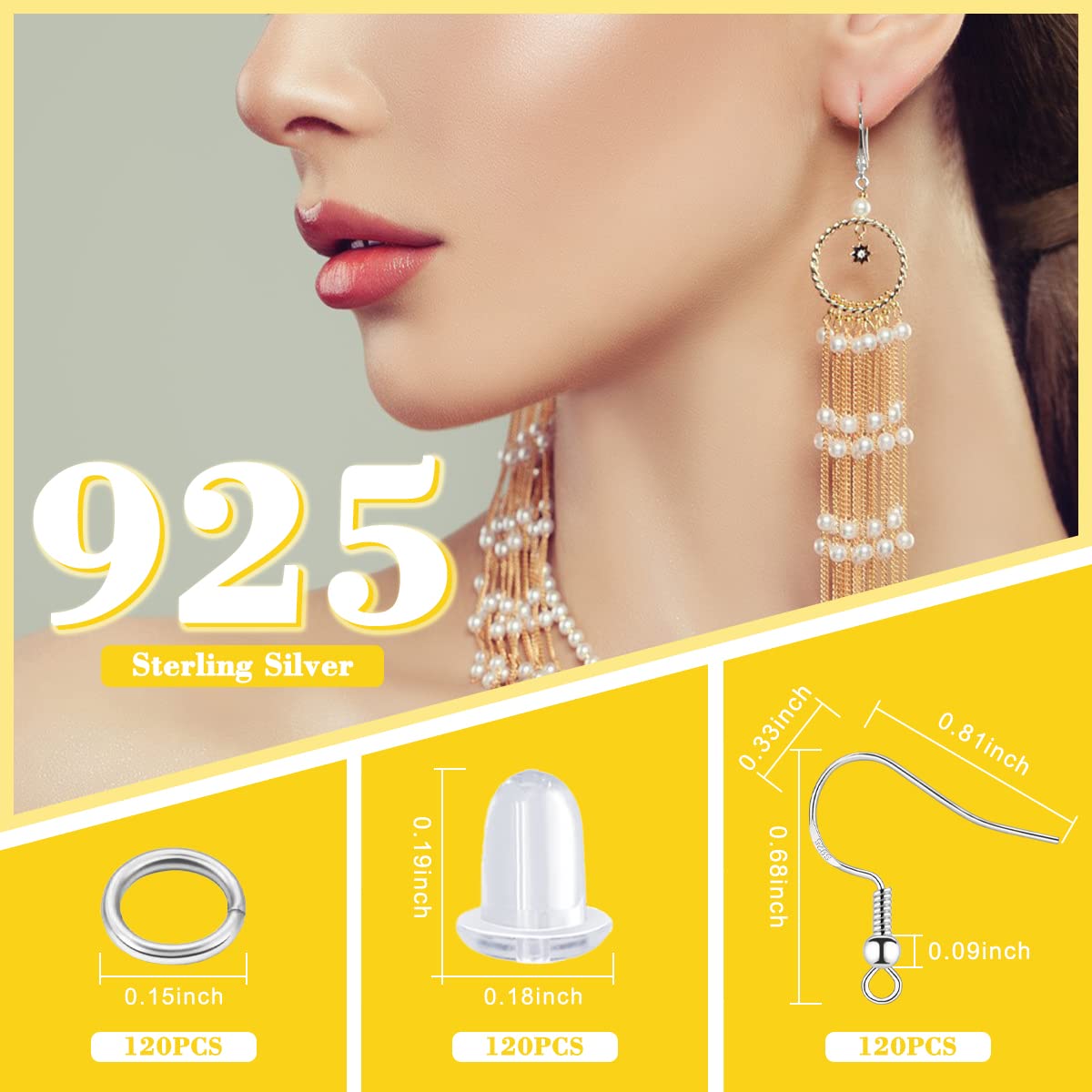 FANCY NOVA Earring Hooks Silver, 925 Sterling Hypoallergenic Earrings Wires Fish Hooks for Jewelry Making Finding with Jump Rings & Clear Rubber Earring Backs (Silver,120 PCS/60 Pairs)