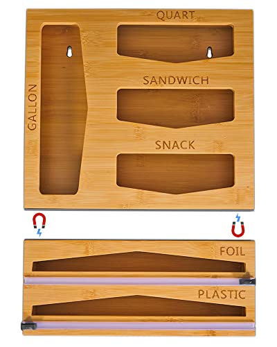 Foil and Plastic Wrap Organizer, Magnetic Dispenser with Cutter, 6 in 1 Aluminum Dispenser, Bamboo Storage Kitchen Drawer Organizer for Foil, Ziploc, Gallon, Quart, Sandwich, Snack, standard large