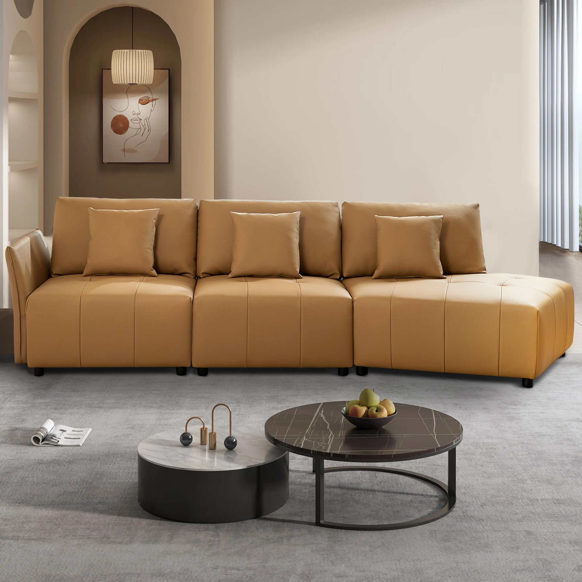 VnndeNest 120'' Sectional Sofa Couch, Genuine Leather Modular Sofa with Pillows, Ergonomic Modern Curved Couch, L-Shaped Couch with Chaise Lounge, 4-Seater Sofa Couch for Living Room, Apartment, Brown
