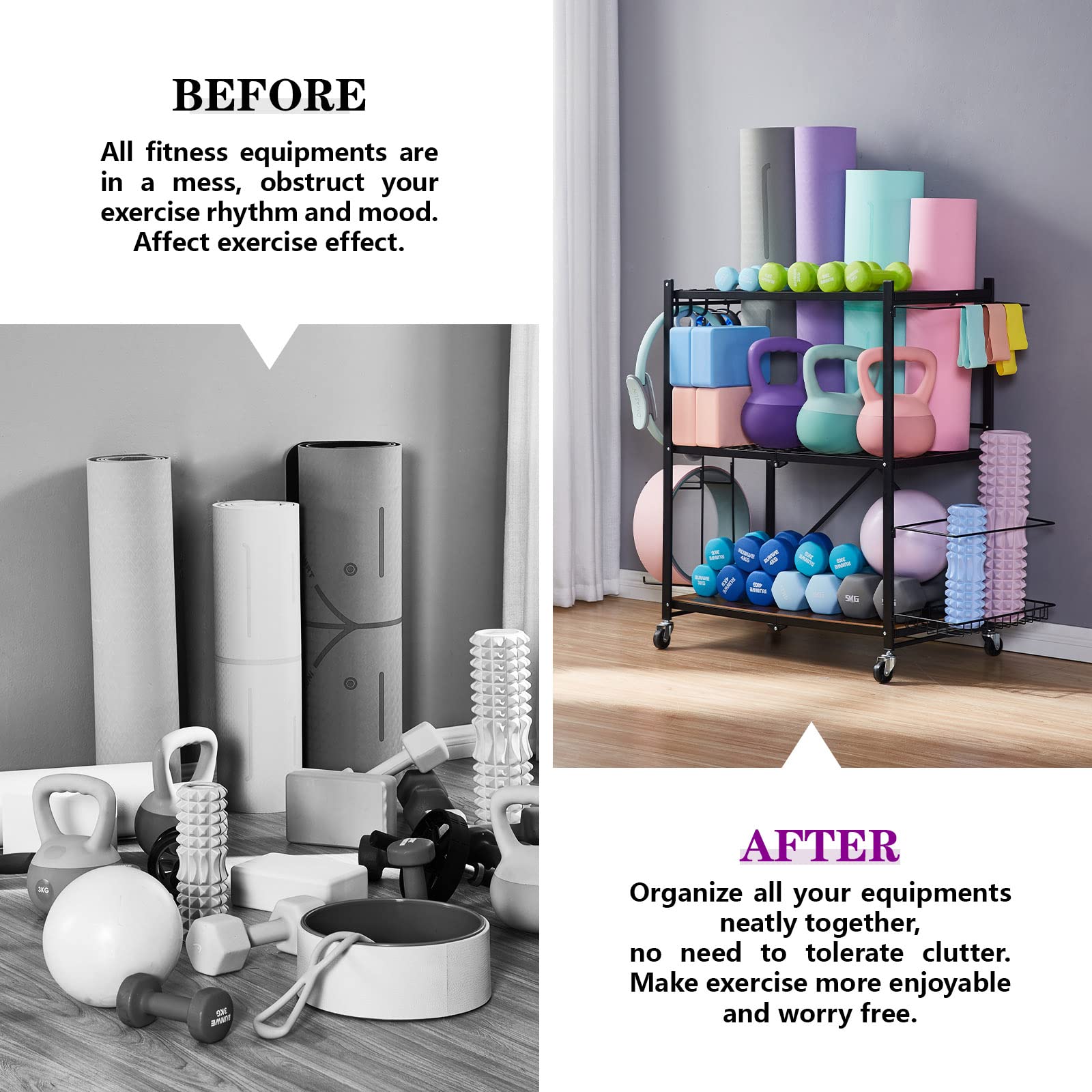Home Gym Storage, Foldable Yoga Mat Storage Rack for Gym Equipment, Women Men Yoga Mat Holder with Hooks & Wheels, Multifunctional Workout Equipment Storage Rack for Dumbbells