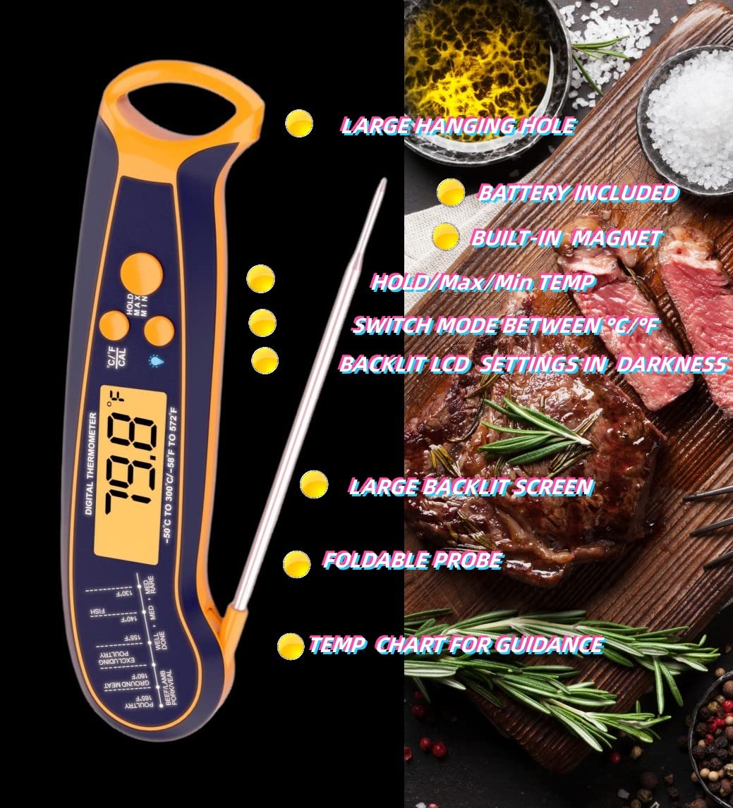 KUKVINA Waterproof Digital Instant Read Meat Thermometer for Cooking, Grilling, BBQ, Kitchen & Candy, Ultra-Fast Food Thermometer with Folding Probe,Backlight & Calibration Function