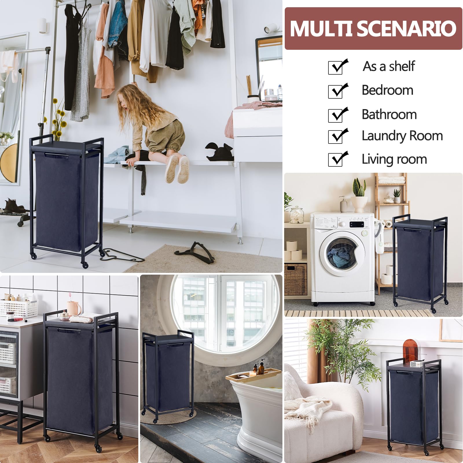 Mxfurhawa Laundry Hamper with Wheels,Rolling Laundry Basket with Shelf,Laundry Sorter Removable Laundry Bags, Large Laundry Basket with Wheels for Home, Laundry Room (Dark Gray-1)