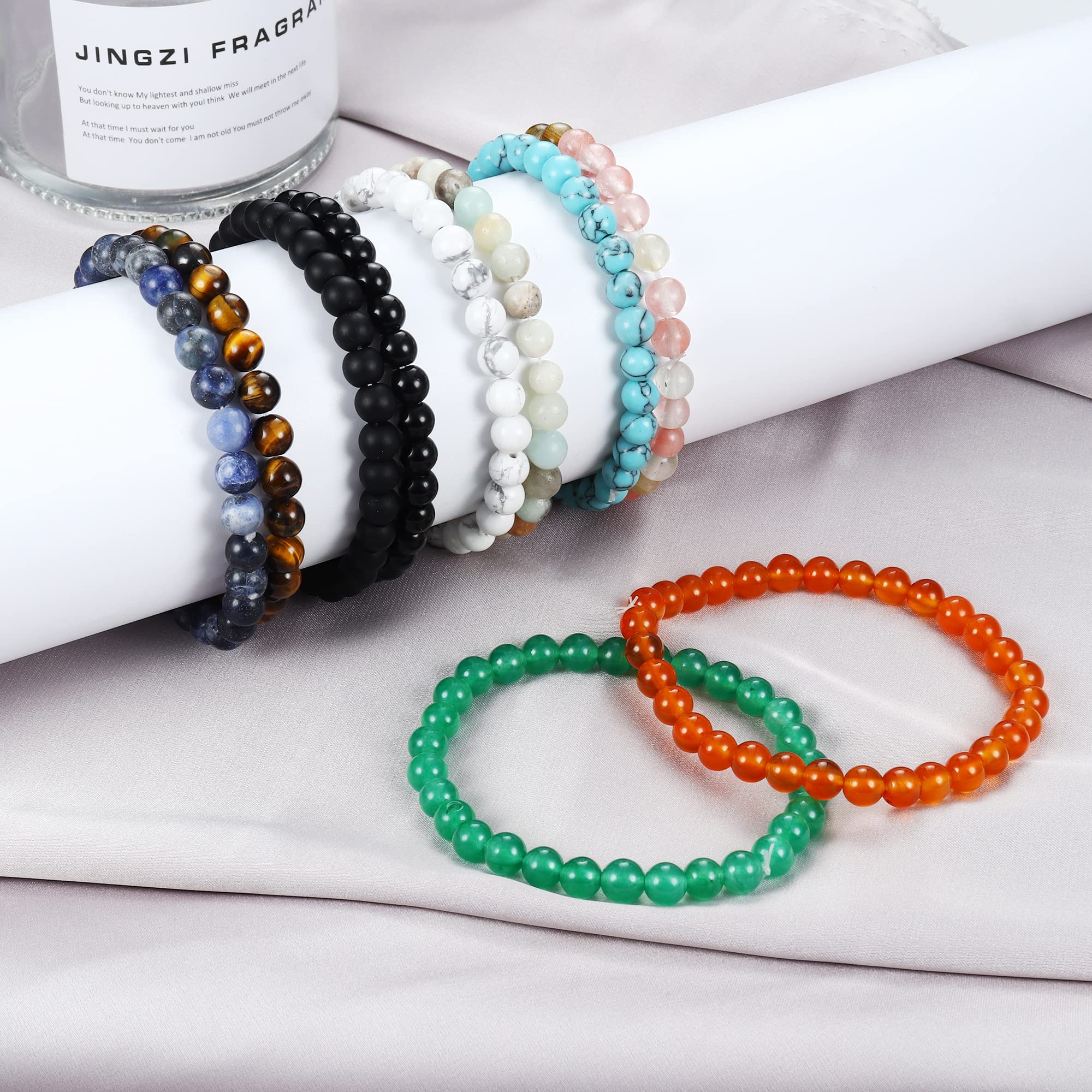 FIBO STEEL 10 Pcs 6-8mm Natural Beaded Bracelets for Women Tiny Crushed Stone Natural Stone Statement Bracelet Charm Beaded Couples Stretch Bracelets Jewelry (6mm)
