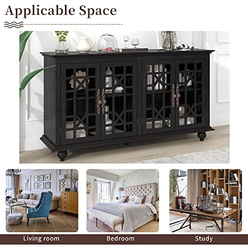 P PURLOVE 60" Long Wood Storage Cabinet with Adjustable Height Shelves,Sideboard Table Cabinet with Metal Handles and 4 Doors for Living Room, Bedroom, and Hallway,Black