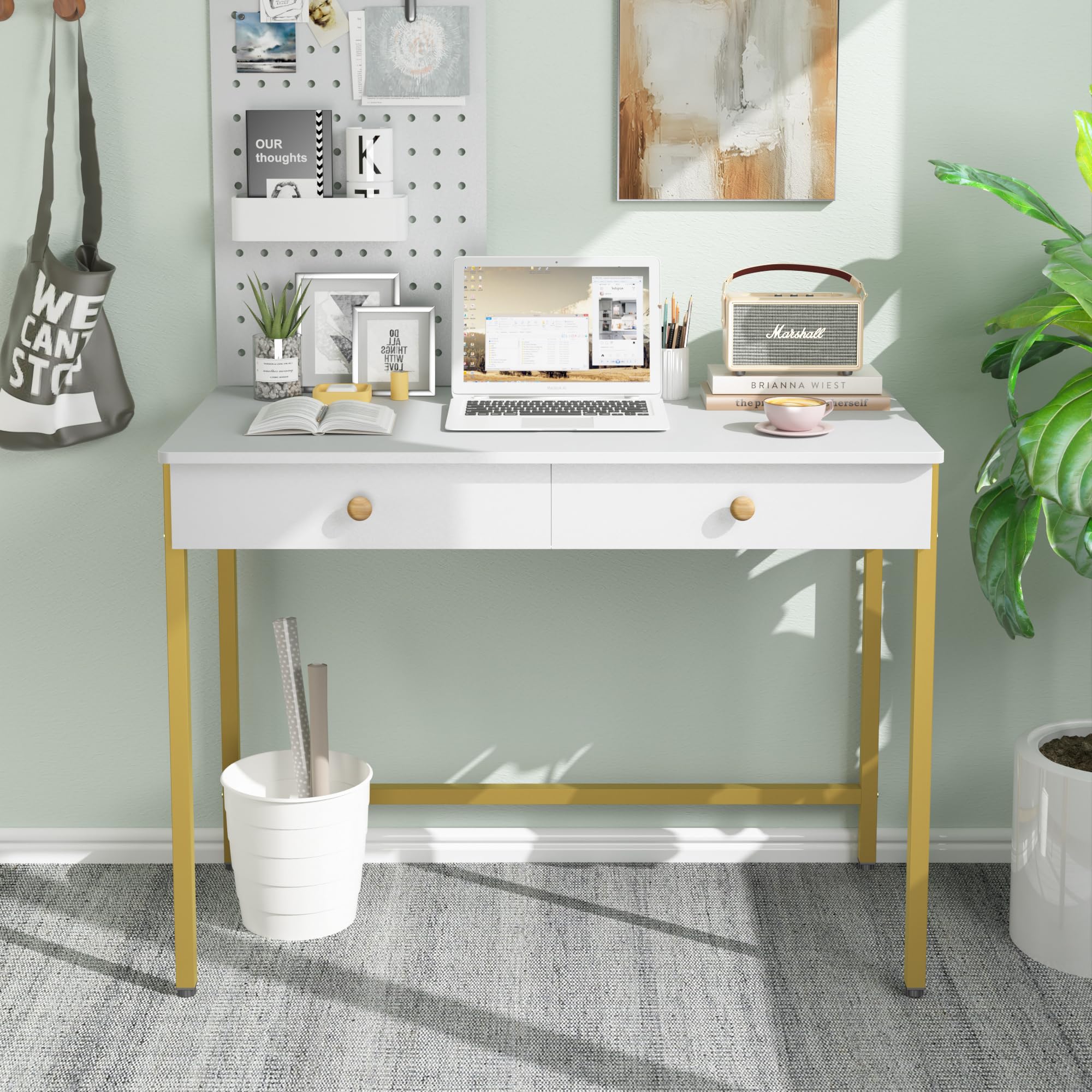 Weehom Computer Desk with Drawers, Home Office Desk for Writing, Studying, and Gaming - Sturdy and Spacious Workstation for PC and Laptop(White and Gold)