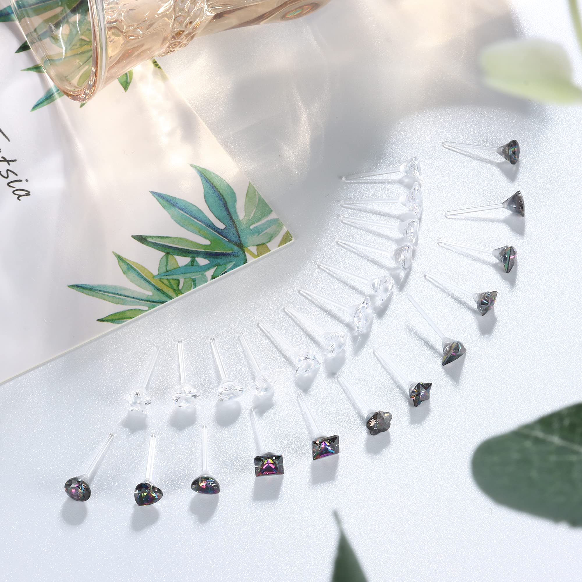 FIBO STEEL 12Pairs Clear Plastic Studs Earrings for Women Acrylic Post Round Square CZ Star Heart Rhinestone Ear Studs Piercing Retainers Gold CZ (AB cz)