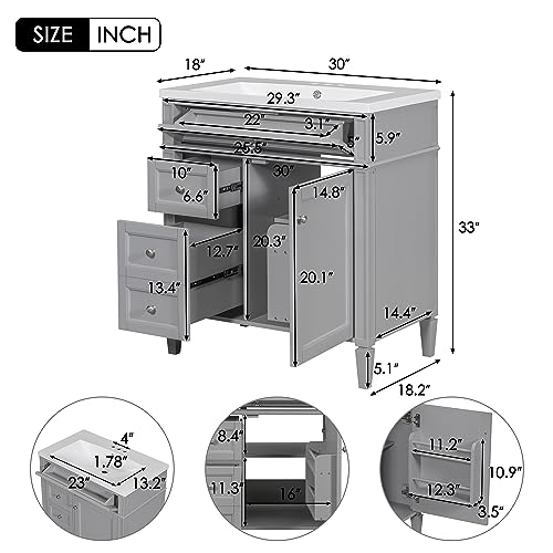 Virubi 30" Bathroom Vanity with Single Sink Combo, Modern Undermount Bathroom Sink Cabinet with 2 Drawers and a Tip-Out Drawer, Freestanding Bathroom Vanities (Grey)