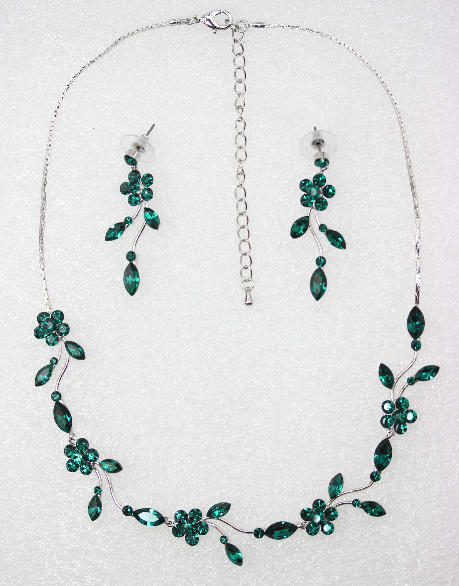 Faship Gorgeous Green Rhinestone Crystal Floral Necklace Earrings Set - Green