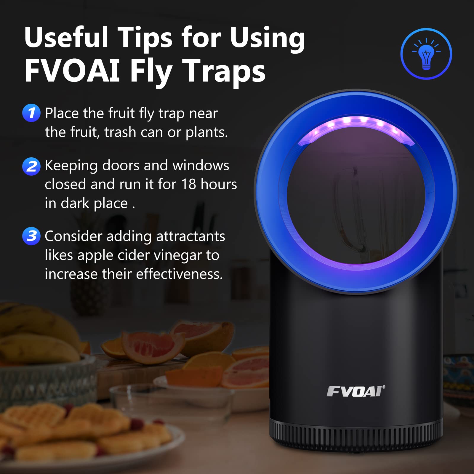 FVOAI Fruit Fly Trap Indoor, Fruit Fly Traps for Indoors H3 Mosquito Zapper Indoor Insect Trap with Suction, Time Setting, Bug Light & 10 Pcs Sticky Glue Boards (Blue)