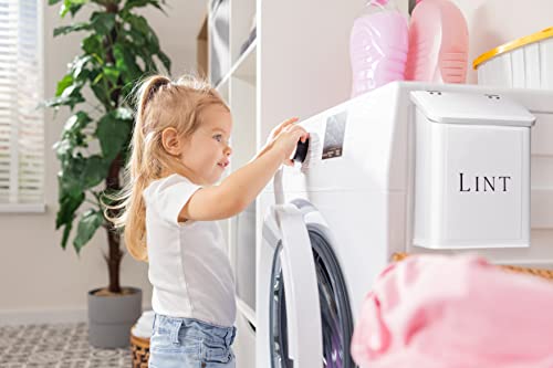 MOUNT DELECTABLE Magnetic Lint Bin for Laundry Room, Wall Mounted Lint Box Holder Trash Can with Lid for Dryer, Lint Basket for Laundry Room, Farmhouse Style Laundry Storage and Organization