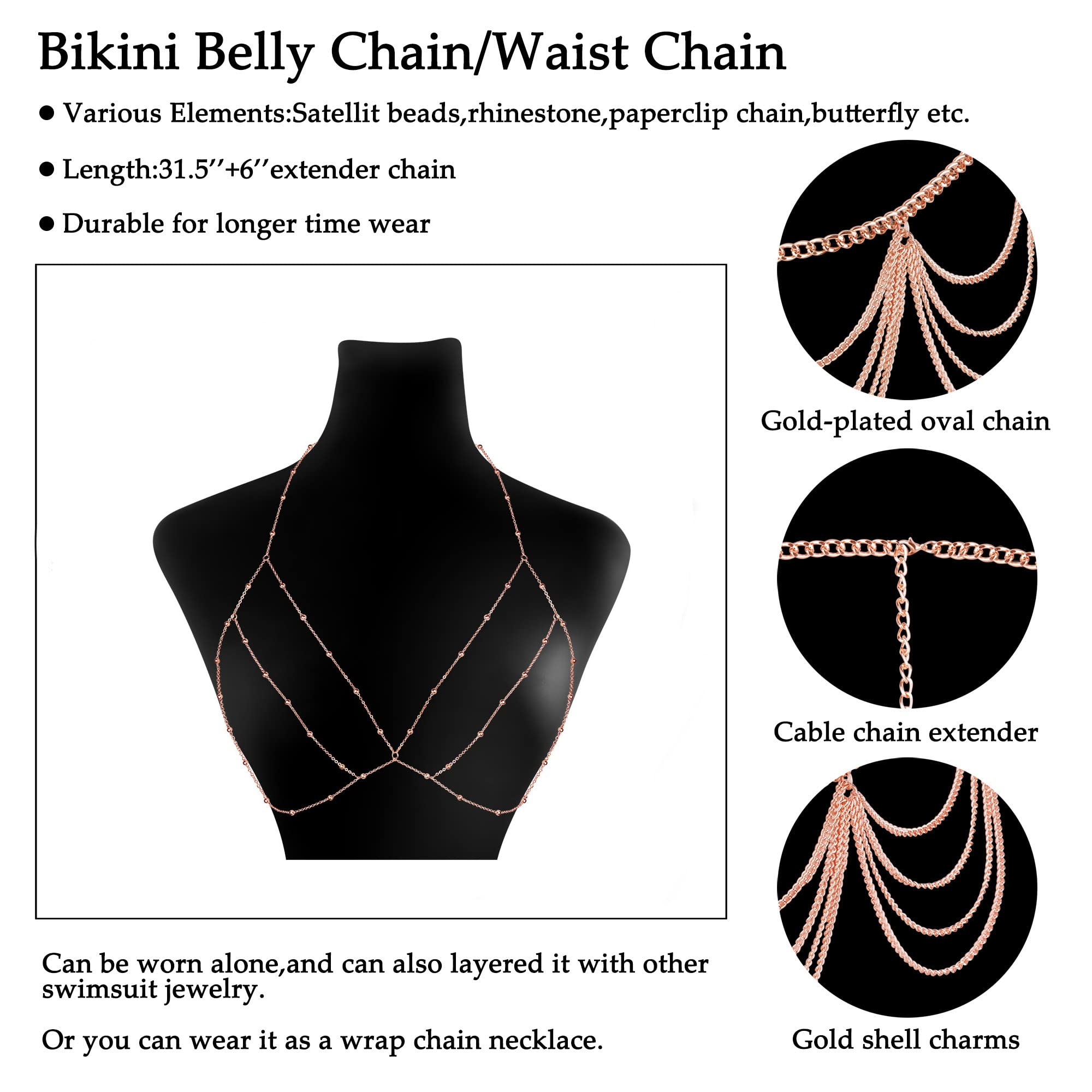 FIBO STEEL 4Pcs Sexy Body Chains for Women Waist Chains Belly Chains Bra Chains Bikini Jewelry for Summer Beach Adjustable Rose Gold