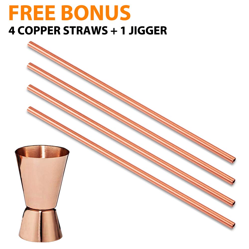 Gold Armour Moscow Mule Copper Mugs - Set of 4-100% HANDCRAFTED Solid Copper Mugs, Gift set with 4 Copper Straws and Jigger
