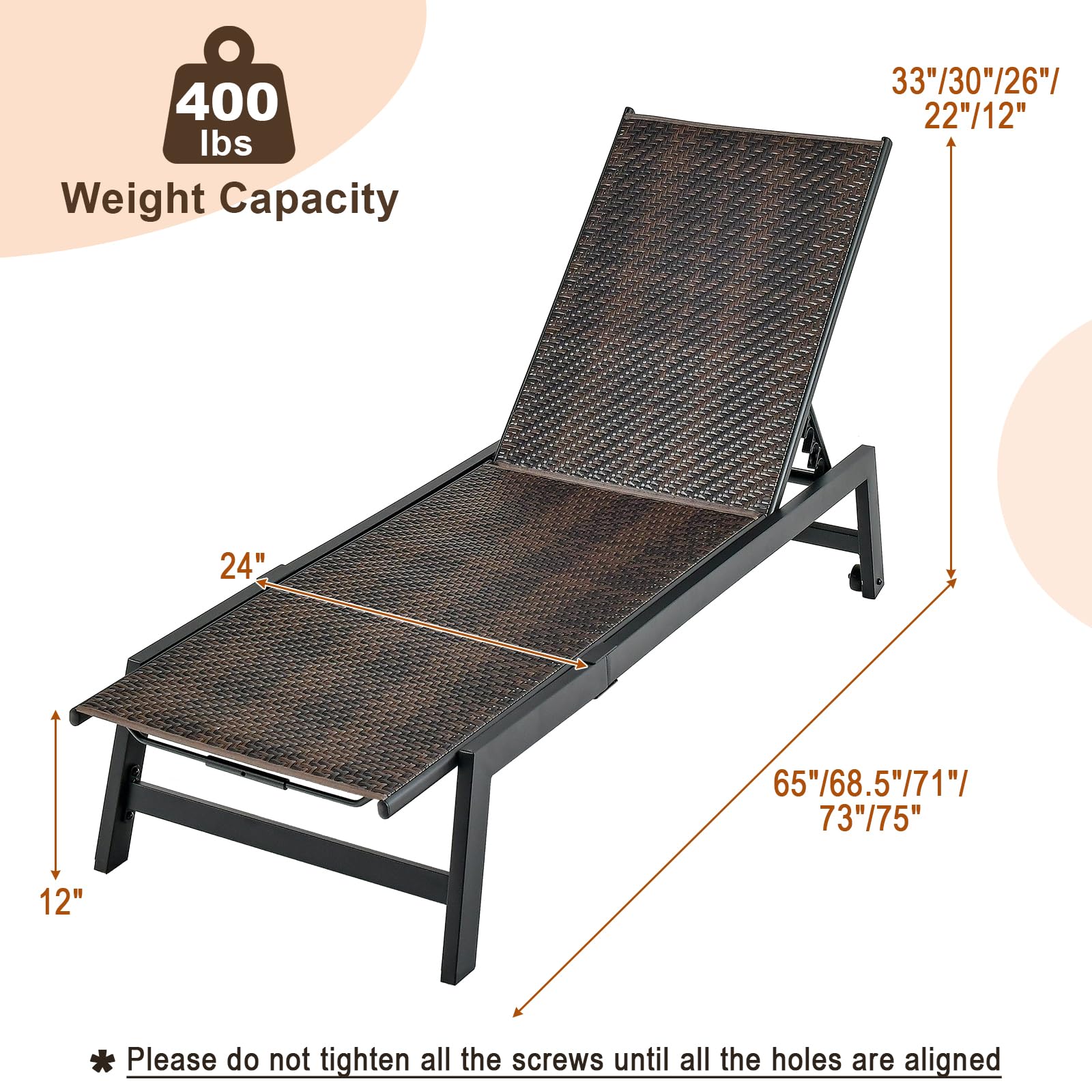 DORTALA Chaise Lounge Chair Outdoor, Patio PE Rattan Recliner with Adjustable Backrest & Wheels, Wicker Tanning Chair for Backyard, Deck, Poolside, Beach (Set of 2)