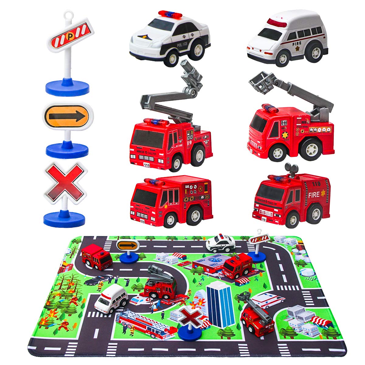Fire Truck Toys with Play Mat, 6 Fire Engines, 3 Road Signs, 14" x 18" Fire Rescue Playmat, Mini Pull Back Car Toys for 2 3 4 5 Year Old Boy Toddlers