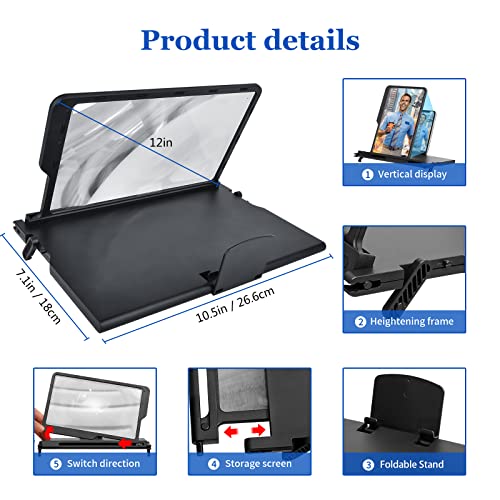 Newseego 12 β Foldable Phone Screen Magnifier, 3D HD Horizontal and Vertical Phone Amplifier Eye-Protective Movie Video and Game Enlarger Portable Phone Holder Screen Magnifier for Smartphones.