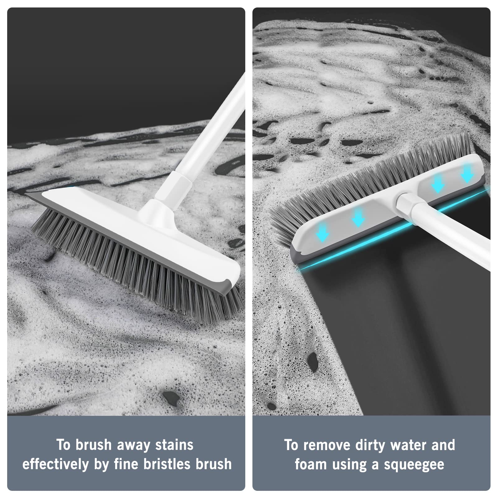Floor Scrub Brush with Squeegee, Floor Brush Scrubber with 55'' Firm Long Handle, Shower Cleaning Brush for Bathroom, Patio, Kitchen, Wall and Deck
