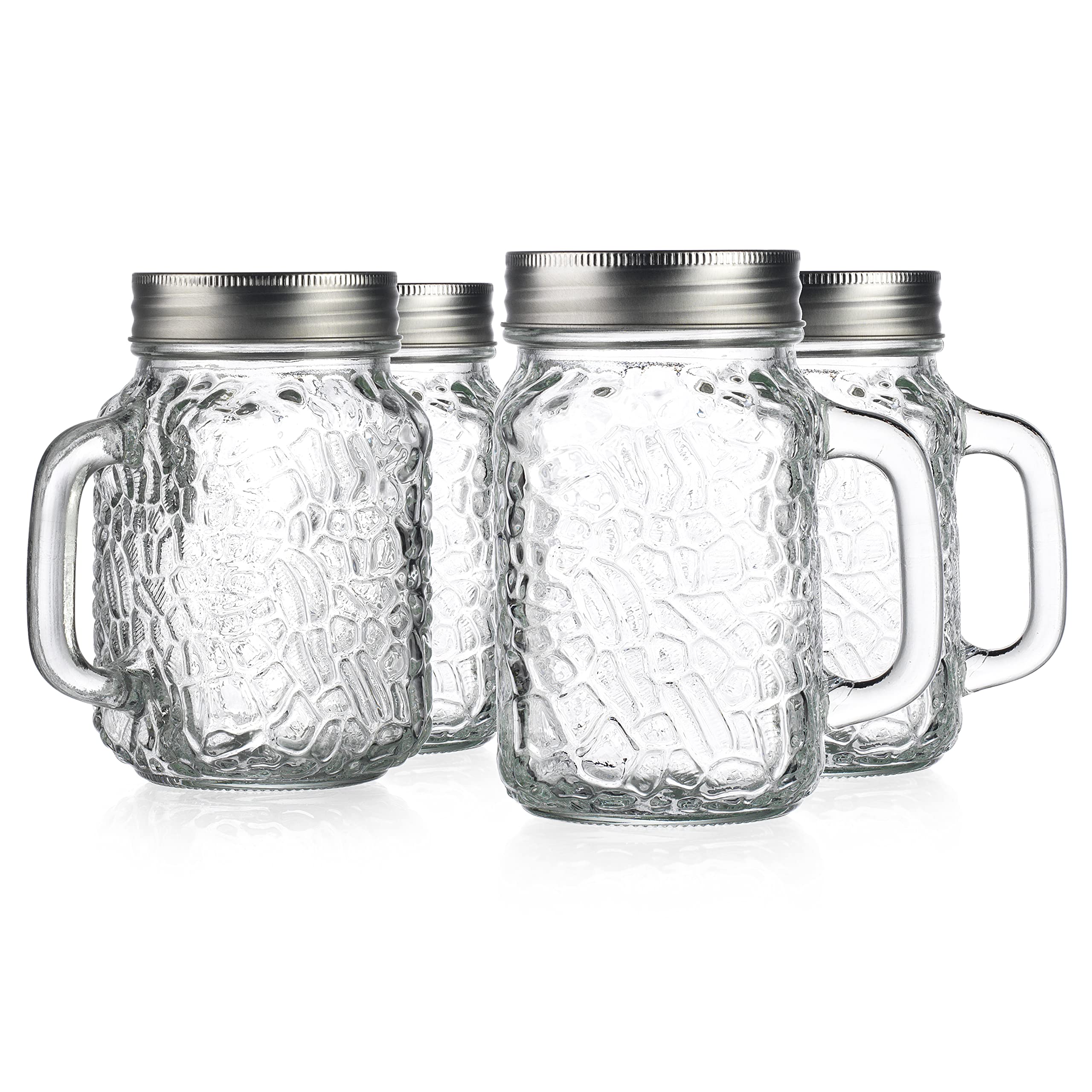 Glaver's Mason Jar Cups 16Oz β Set of 4 Mason Jars with Lids and Handles β Hammered Style Large Mason Cups for Parties, Dinner, Home, Lemonade, Smoothies, Cocktails, Drinks - Dishwasher Safe.