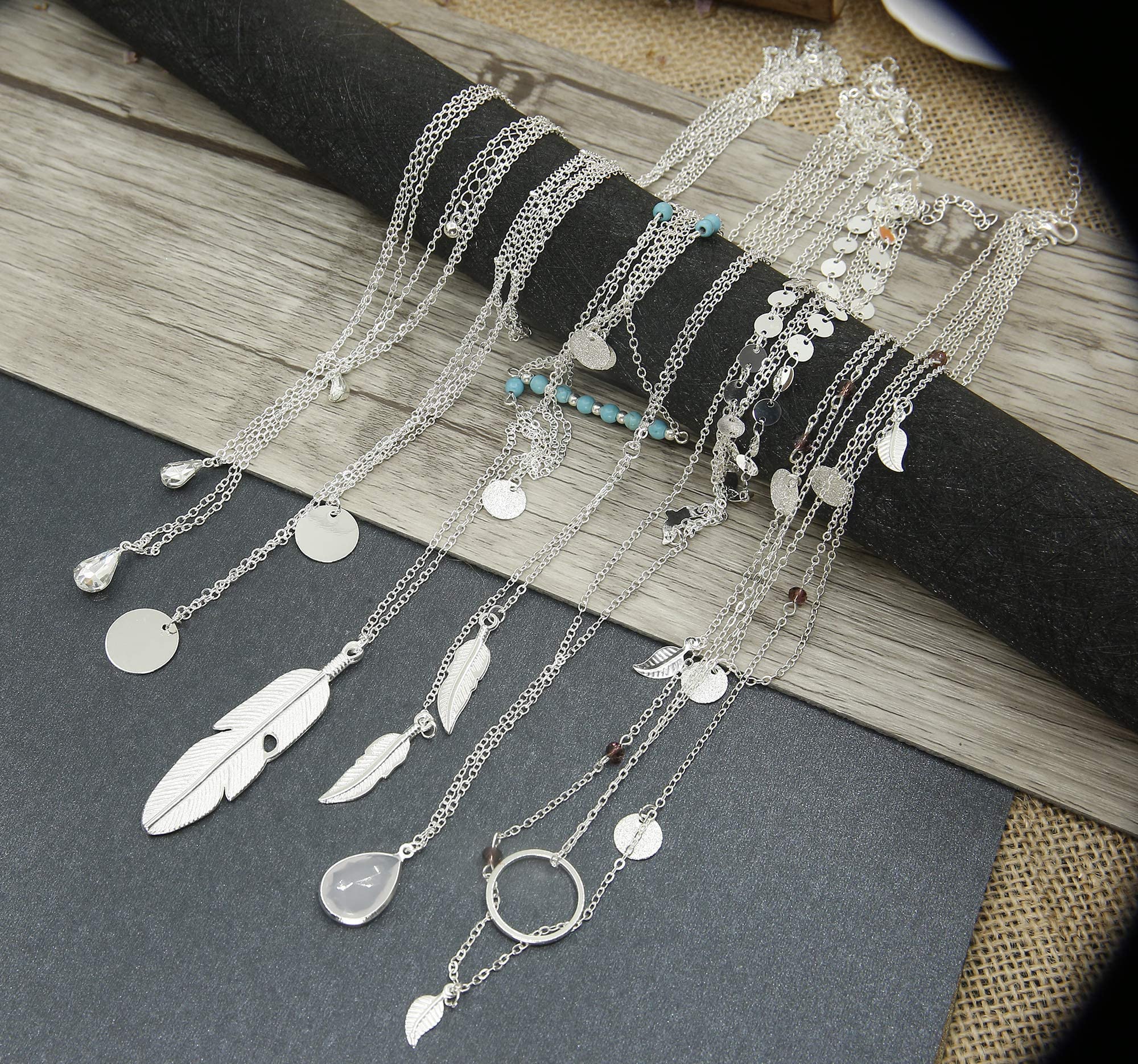 FINREZIO 12 PCS Gold Plated Layered Necklace for Women Sexy Long Choker Chain Y Necklace Bar Feather Pendent Necklace Sets Silver Tone