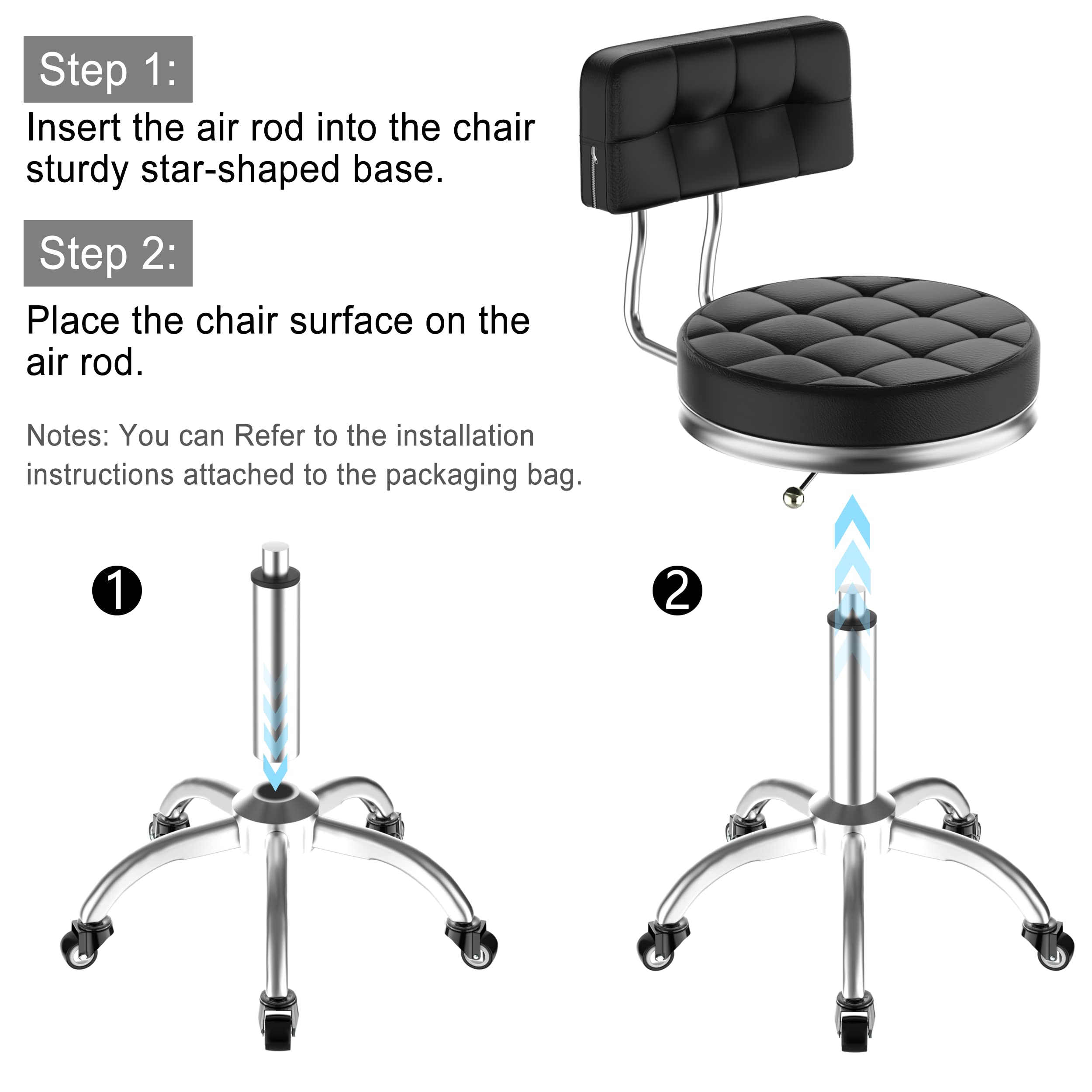YJHome Heavy Duty 550LB Rolling Stool with Backrest Height Adjustable Stool with Wheels, Metal Salon Hydraulic Chair for Vanity Spa Guitar Desk Kitchen, Black