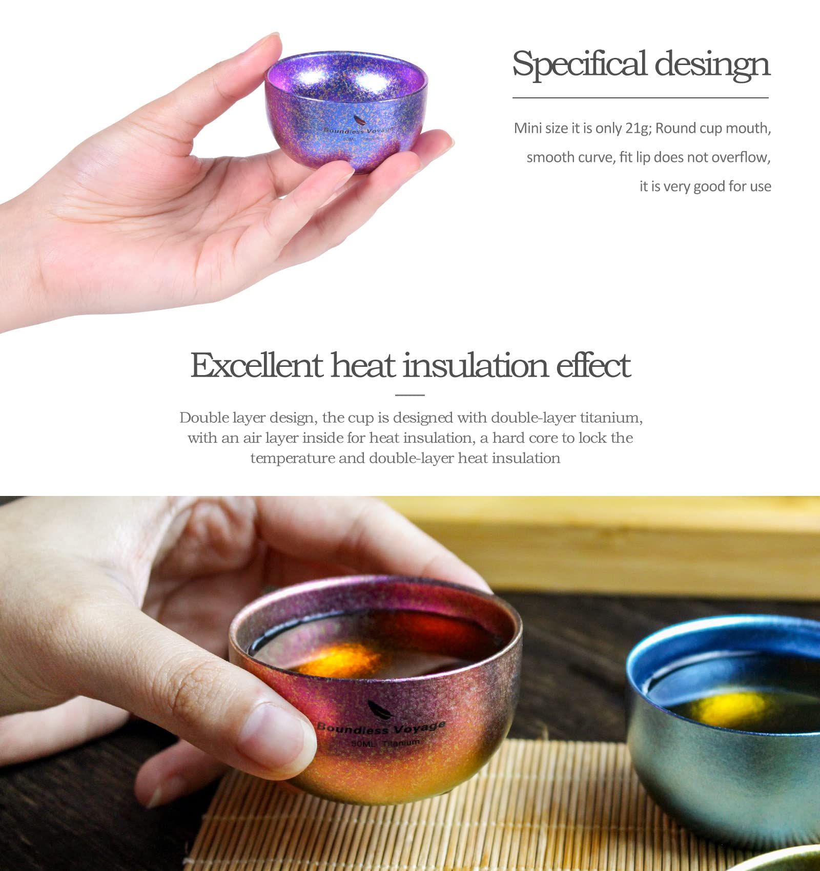 iBasingo&Boundless Voyage 30ml Titanium Double Layer Sake Cup Portable Tea Mug Wine Cup for Outdoor Camping Picnic Whiskey Flask Flagon Drinking Cup (Gold)-Ti3082D