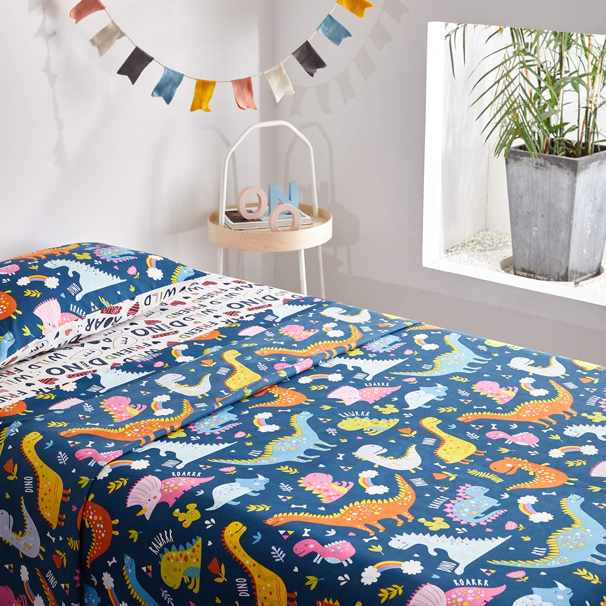 Dinosaur Twin Sheet Set for Kids Boys Teens Cute 3 Pieces Navy Microfiber Bedding Set with Pink Blue Orange Gray Dinosaurs Colorful Monster Style