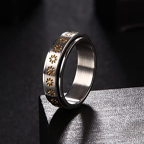 FIBO STEEL Stainless Steel Spinner Ring Fidget Band Rings for Women Men Flower Ring Set for Stress Relieving Wedding Promise Size 10