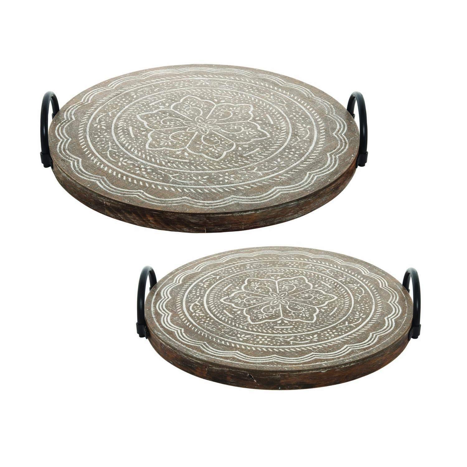 Foreside Home and Garden Set of 2 Rustic Wood Henna Pattern Decorative Trays with Metal Handles, 70, Brown, White